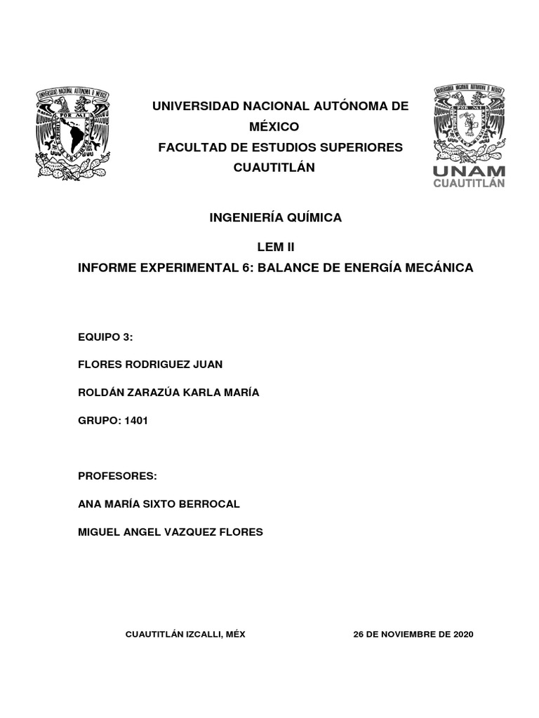 Reporte 6-Balance de Energía Mecánica | PDF | Ingeniería Química | Ingeniería mecánica
