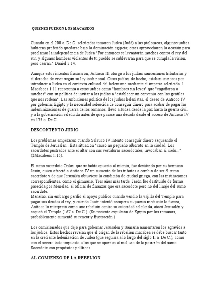 Historia de los Macabeos y su Rebelión | PDF | Macabeos | Judea