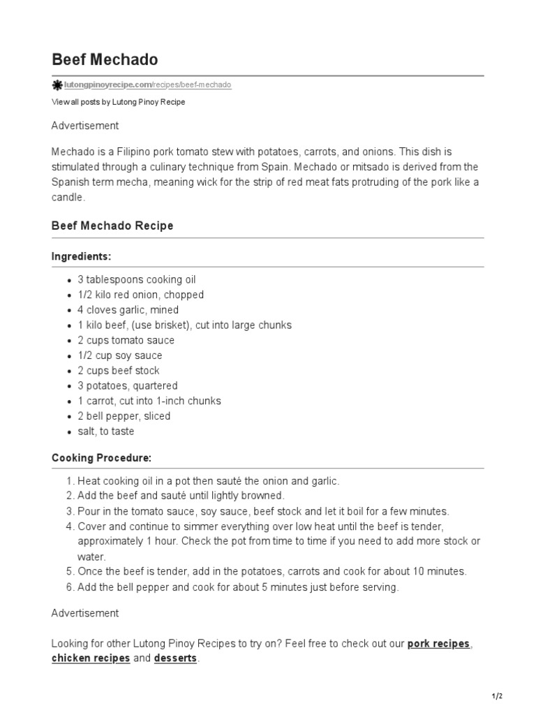 Beef Mechado Recipe Guide | PDF | Cooking, Food & Wine | Lifestyle