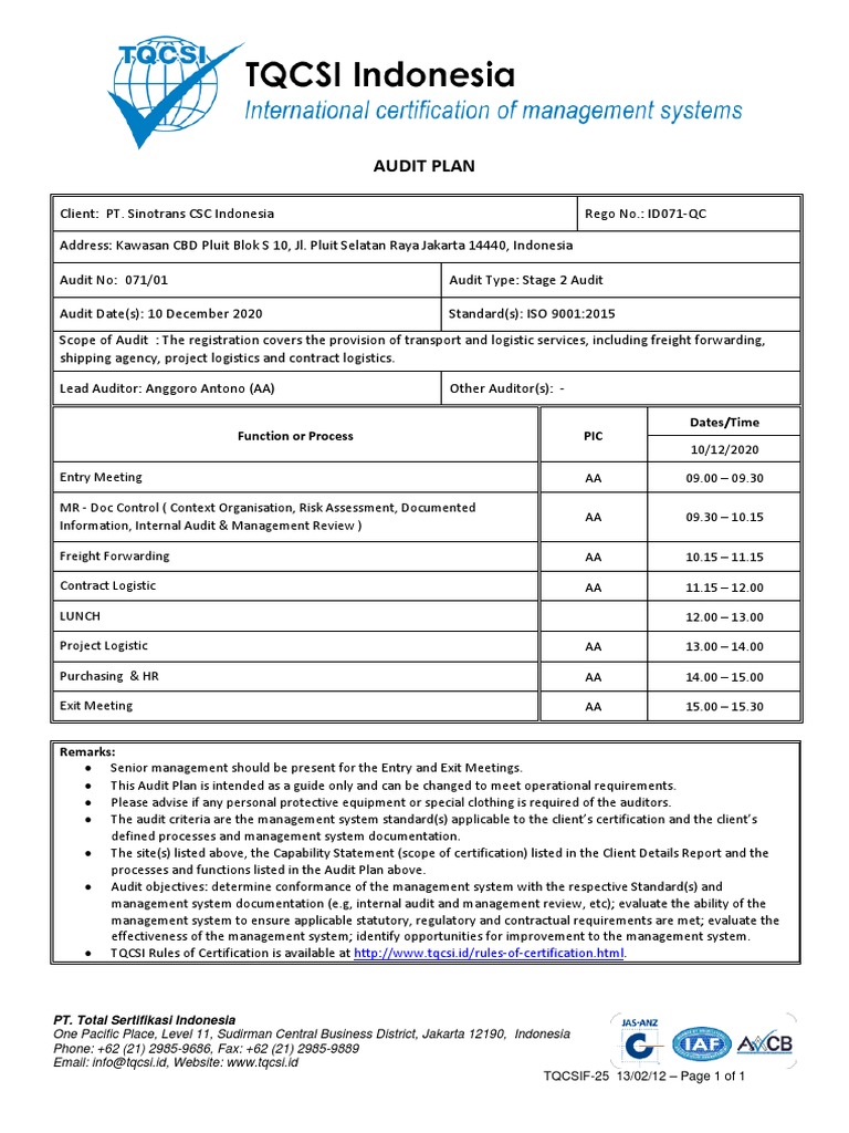 TQCSIF-025 - (Audit Plan For Client) PT Sinotrans CSC Indonesia | PDF ...