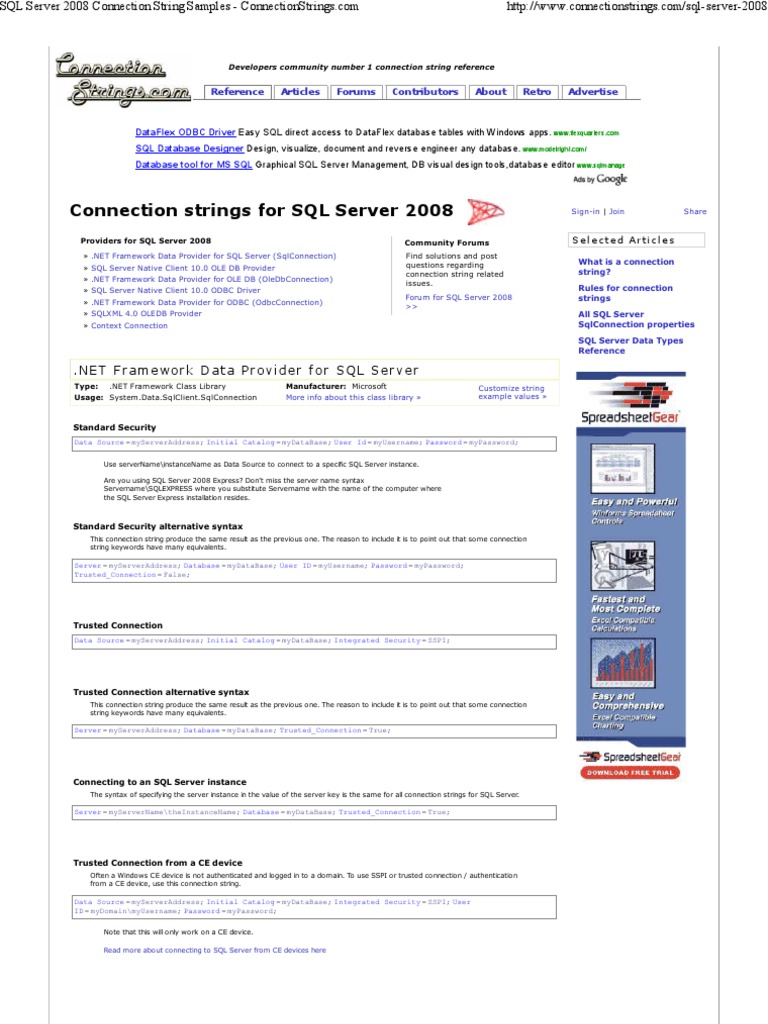Sql Server 2008 Connection String Samples Connection Strings Pdf Microsoft Sql Server 