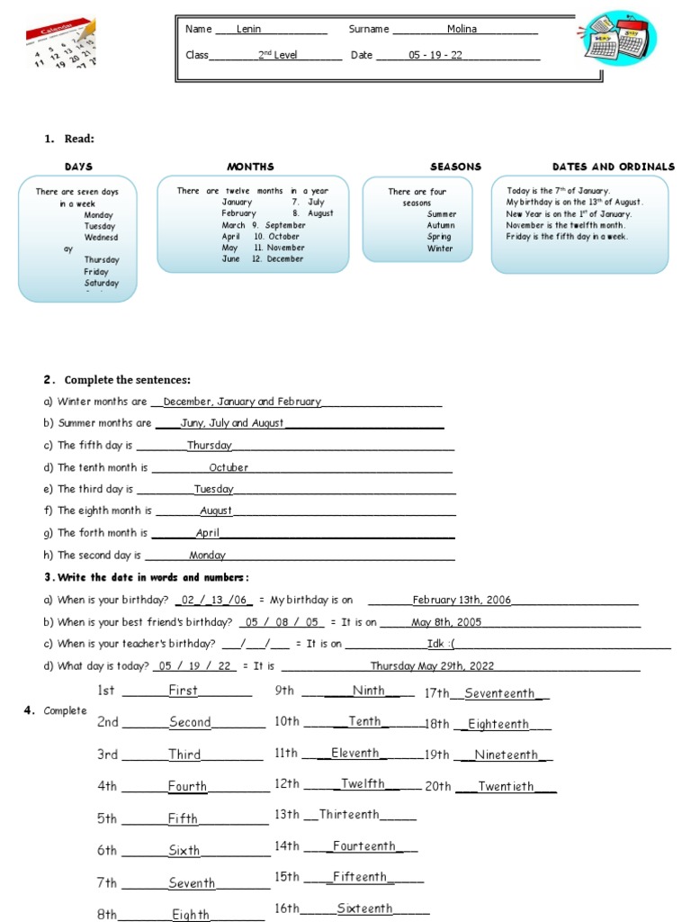 Days Months Seasons and Ordinal Numbers Fun Activities Games 17786 | PDF