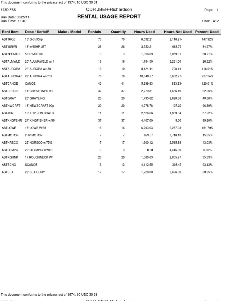 Rental Usage Report Summary 2010 | PDF