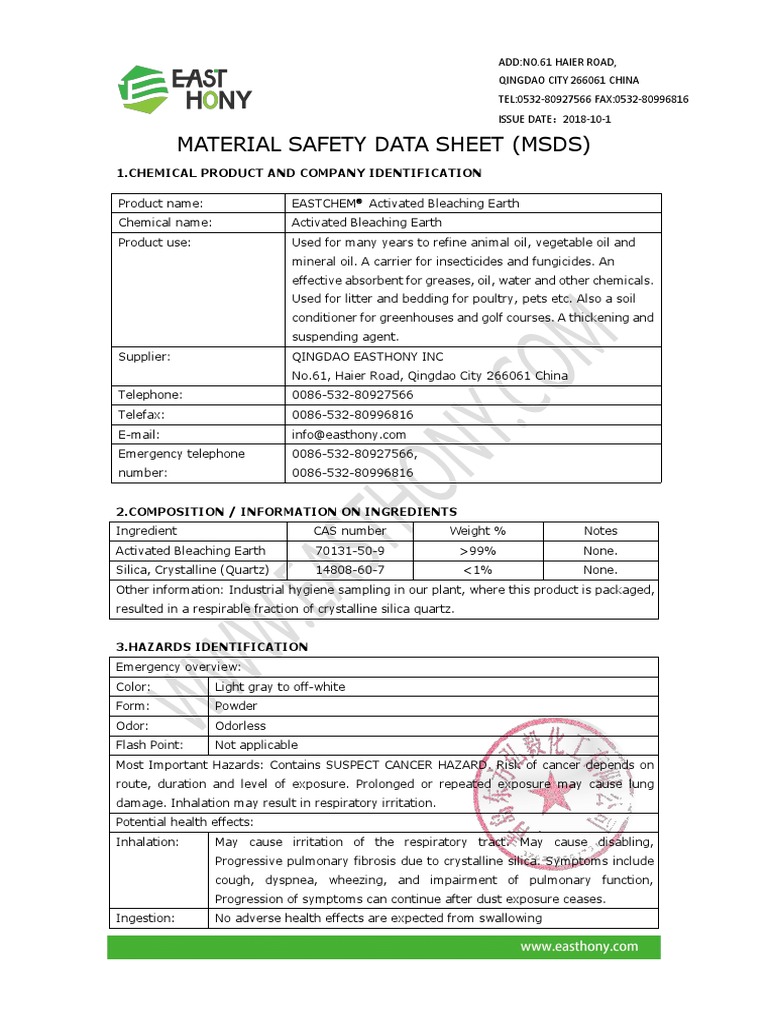 MSDS of Activated Bleaching Earth | PDF | Personal Protective Equipment ...