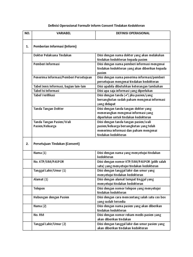 Definisi Operasional Formulir Inform Consent Tindakan Kedokteran | PDF