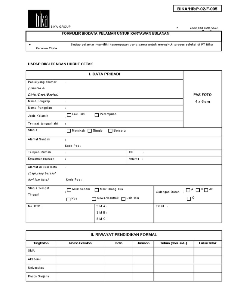 Formulir Biodata Pelamar | PDF