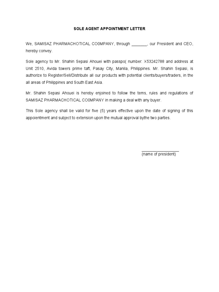 Sole Agent Appointment Letter | PDF