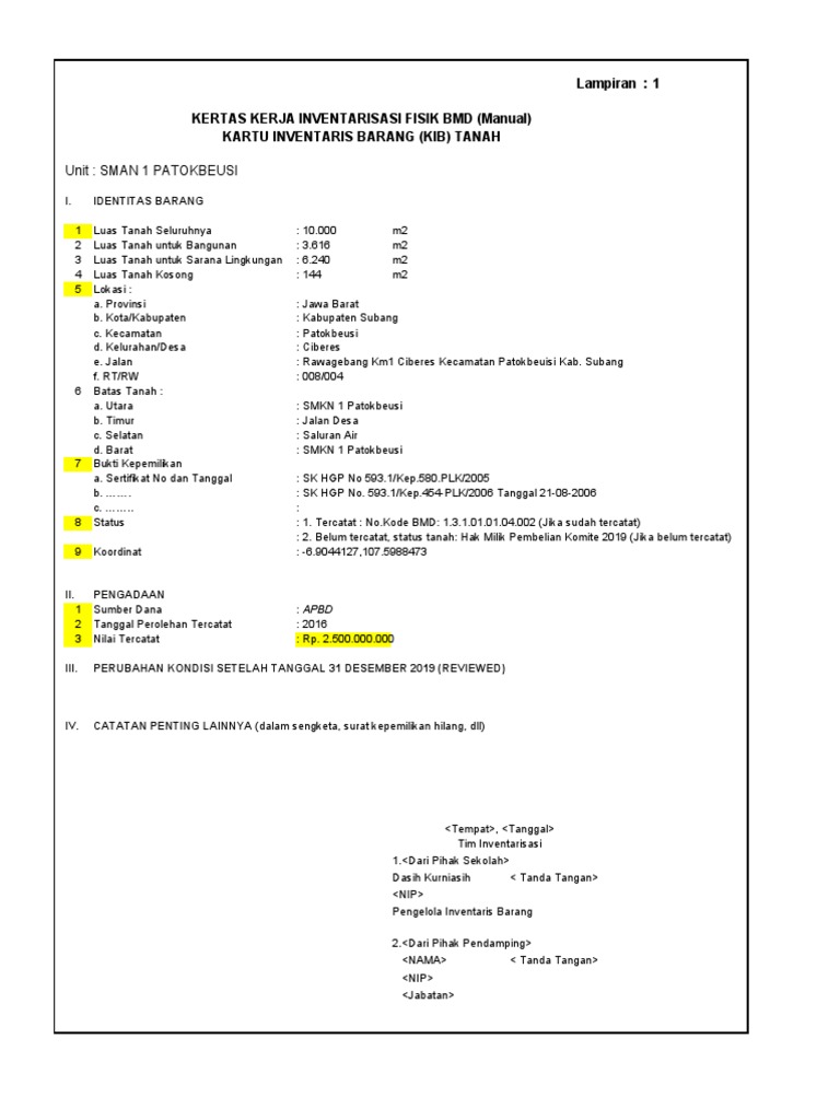 Lampiran: 1 Kertas Kerja Inventarisasi Fisik BMD (Manual) Kartu Inventaris Barang (Kib) Tanah | PDF