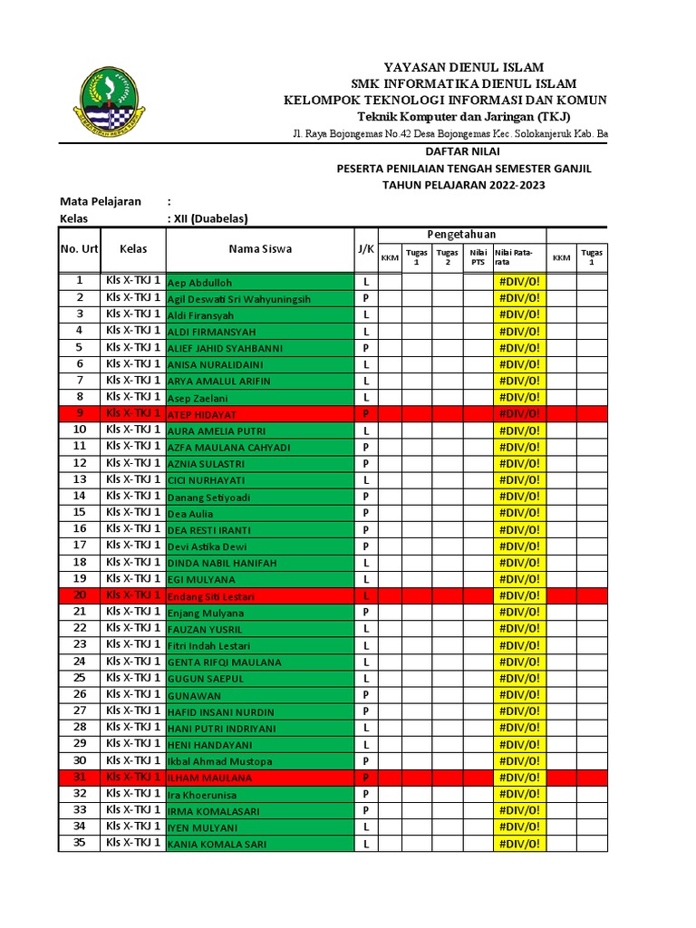 Format Nilai PTS 2022 Kelas X XI XII | PDF