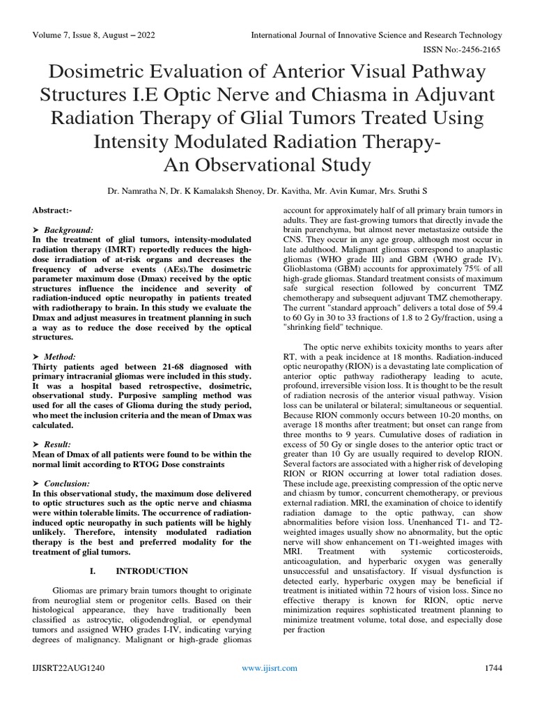 Dosimetric Evaluation of Anterior Visual Pathway Structures I.E Optic Nerve and Chiasma in ...