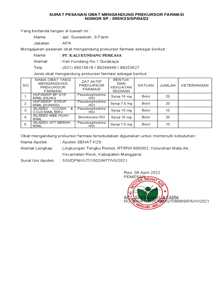 Surat Pesanan Obat Prekursor Farmasi | PDF