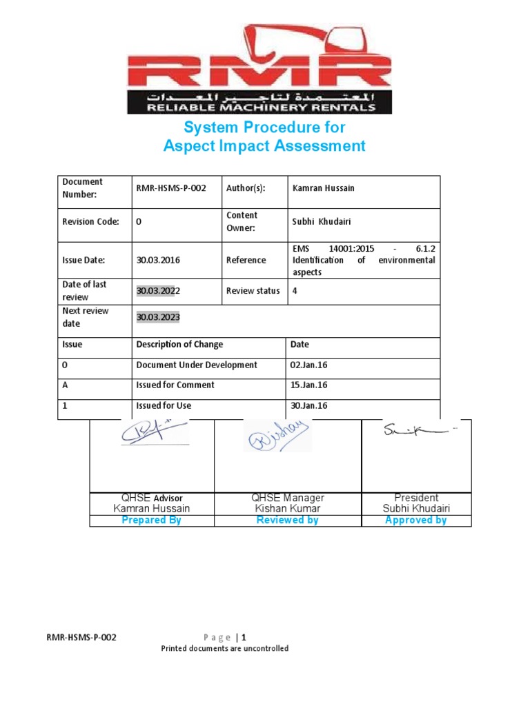RMR HSMS P 002 Aspect Impact Assessment | PDF | Environmental Impact Assessment | Waste