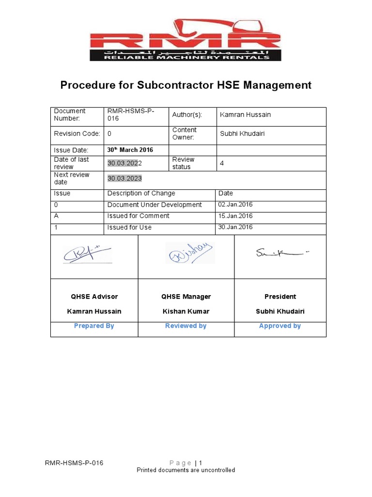 Subcontractor HSE Management Procedure | PDF | Business