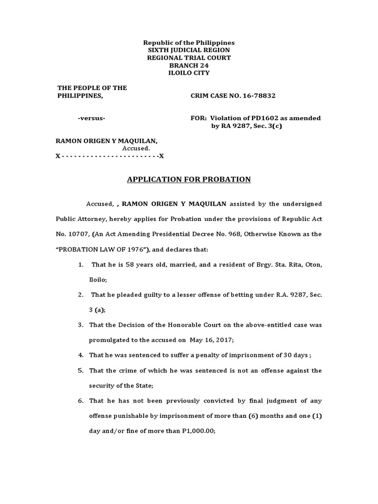 Application For Probation | PDF | Probation | Bail