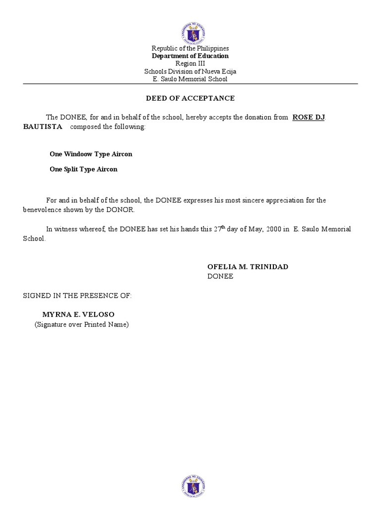 Deed of Acceptanceand Donation | PDF