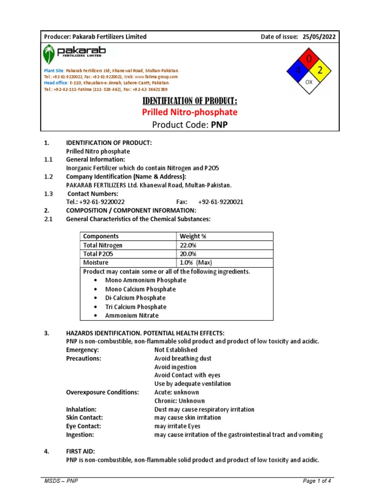 MSDS Nitrophosphate | PDF | Toxicity | Fertilizer