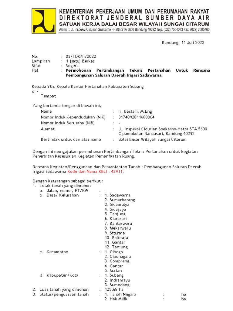 Surat Permohonan Pertimbangan Teknis Pertanahan | PDF