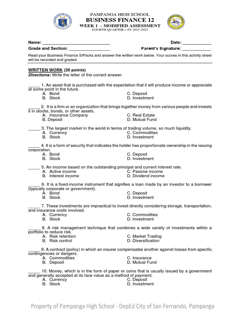 Q4 BUSINESS FINANCE Modified Assessment Weeks 1 4 | Download Free PDF ...