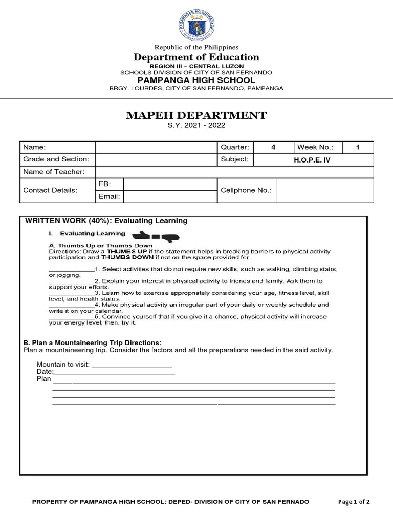 Modified Assessment - Hope 4 | PDF | Rubric (Academic) | Cognition