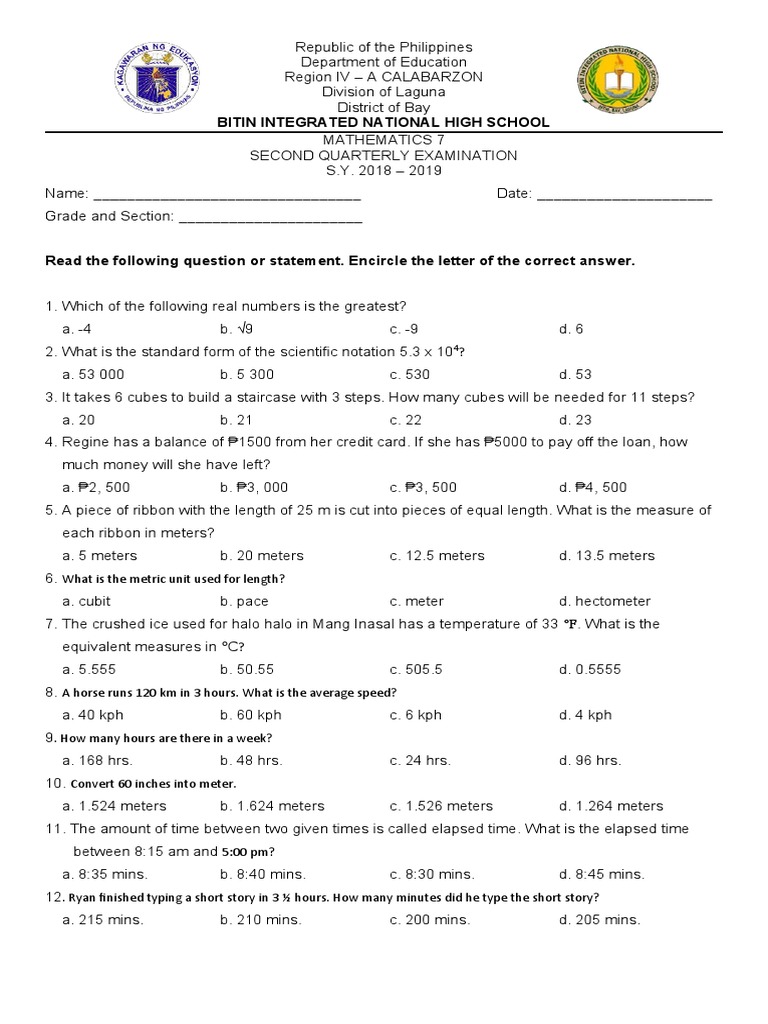 Grade 7 Math Exam | PDF | Metre | Mathematics