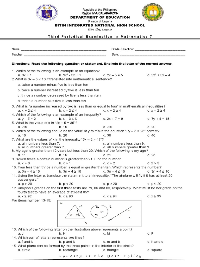 Grade 7 Math Third Period Exam | PDF | Polygon | Angle
