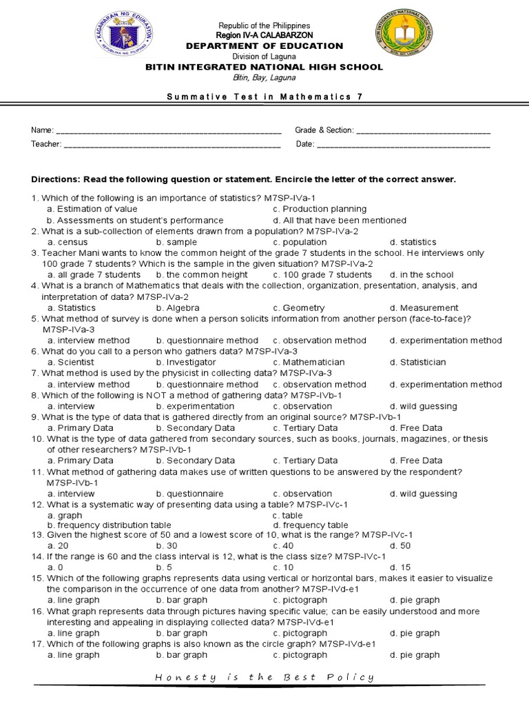 Bitin Integrated National High School Summative Test in Mathematics 7 ...