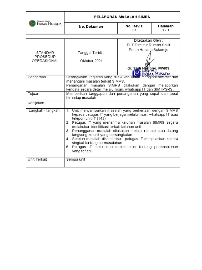 Spo Pelaporan Masalah Simrs | PDF