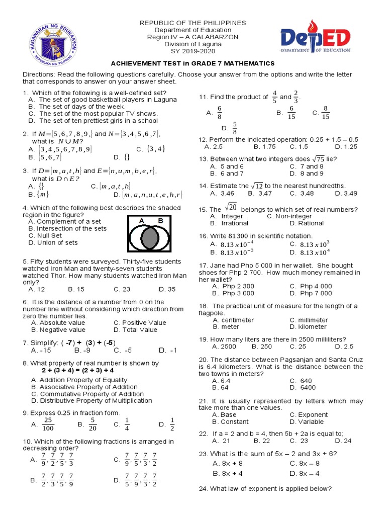 Diagnostic Test Grade 7 Math | PDF | Mathematics | Mathematical Concepts