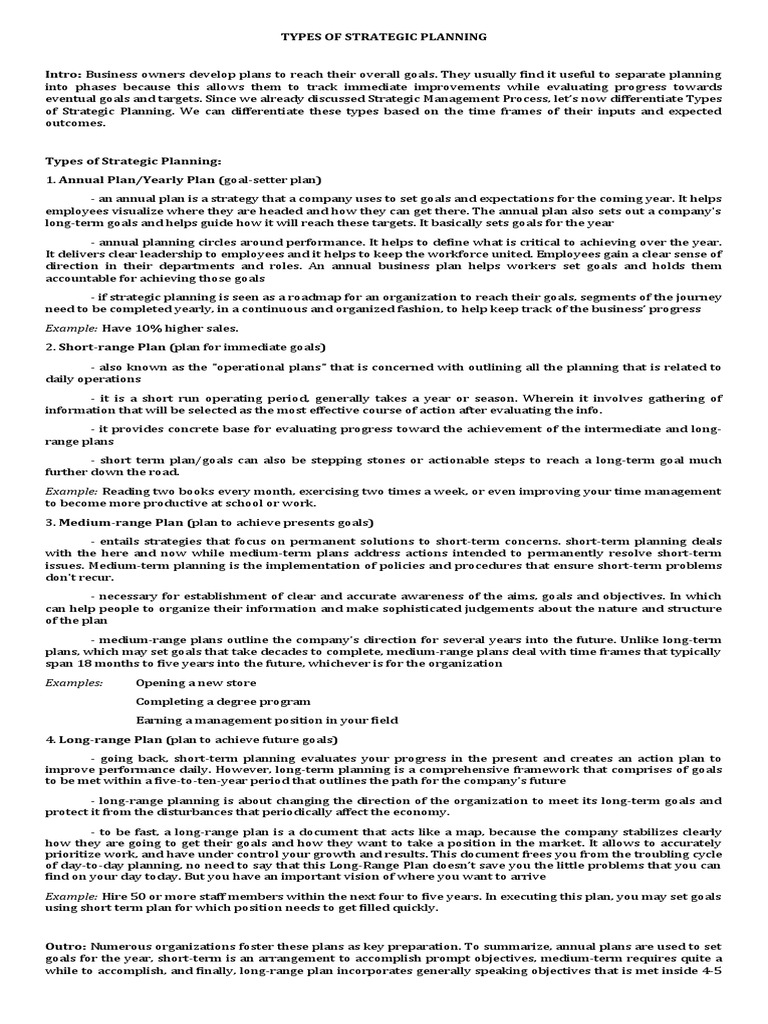 Types of Strategic Planning | PDF | Goal | Strategic Planning