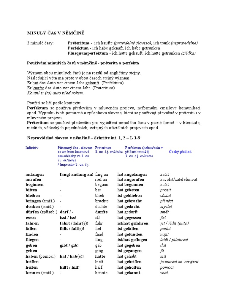 Minulý Čas+nepravidelná Slovesa Schritte L1-9 | PDF