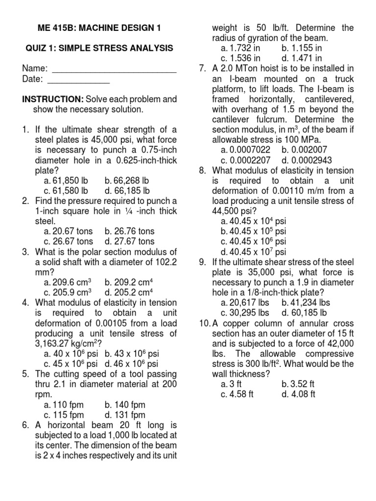 Quiz 1 - Simple Stress Analysis - No Analysis | PDF | Stress (Mechanics ...