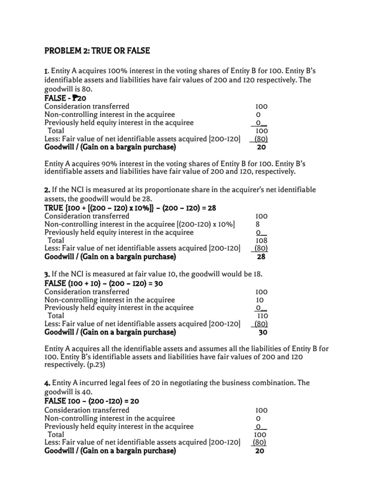 Chapter 1 Business Combinations PROBLEM 2 - TRUE or FALSE | PDF ...