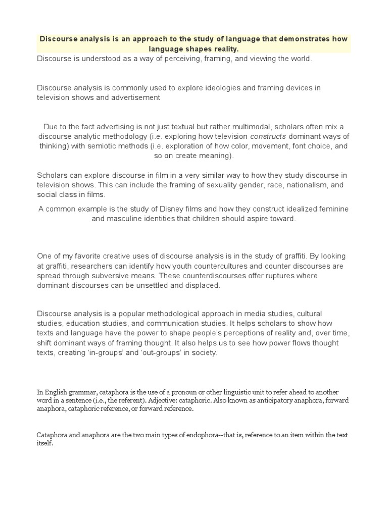 Discourse Analysis Is An Approach To The Study of Language That ...