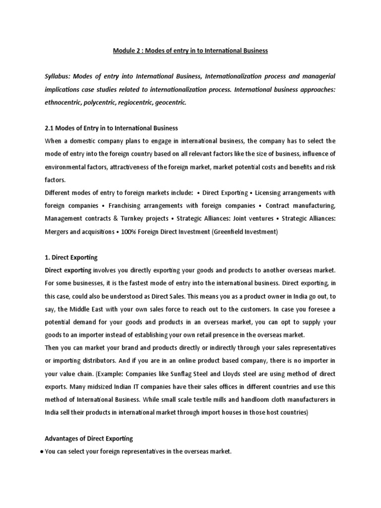 Module 2 Modes of Entry | PDF | Franchising | Joint Venture