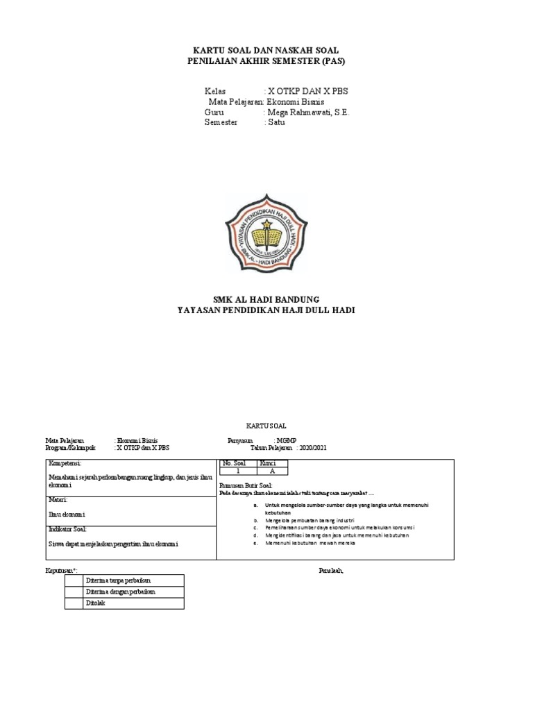 Ekonomi Bisnis Kartu Soal, Kisi Kisi - PBS Dan OTKP - 10 - Mega Rahmawati PAS SEM 1 20 21 | PDF