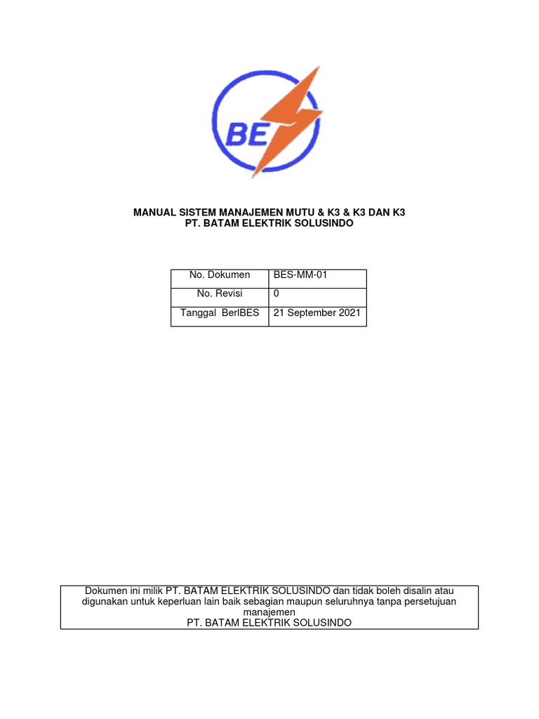 Manual Sistem Manajemen Mutu & K3 & K3 Dan K3 Pt. Batam Elektrik ...
