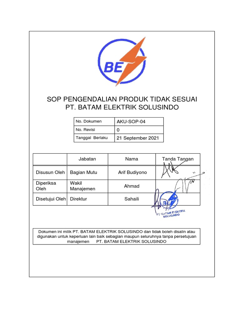 BES-SOP-04 - Pengendalian Produk Tidak Sesuai | PDF