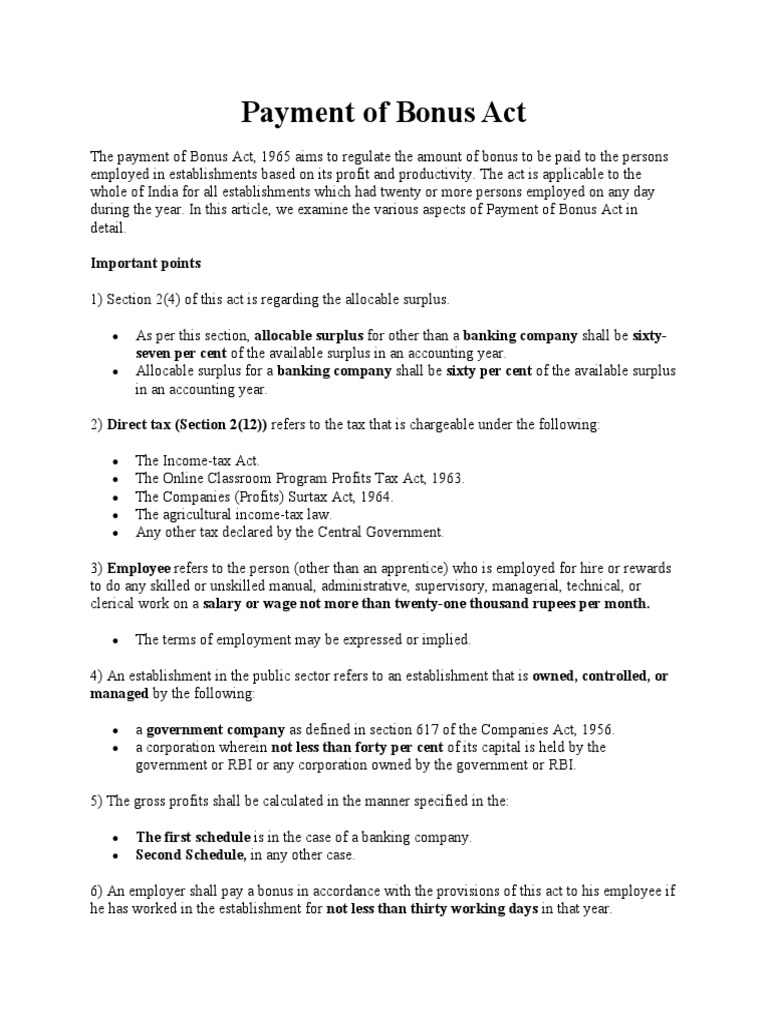 Overview of Payment of Bonus Act, 1965 | PDF | Employment | Salary