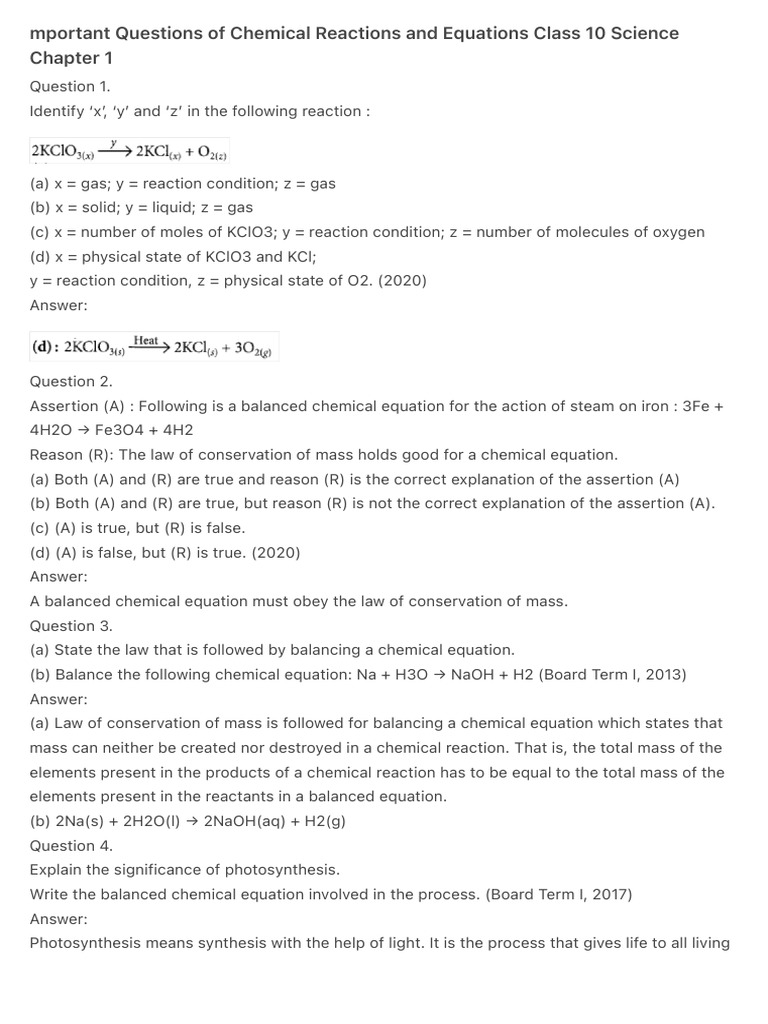 Chemical Equation And Reaction Questions And Answer Pdf Chemical Reactions Redox