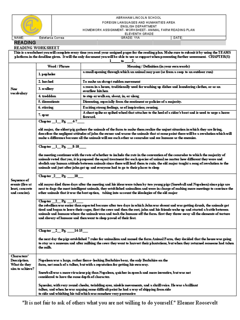 Reading Plan Homework - Animal Farm | PDF