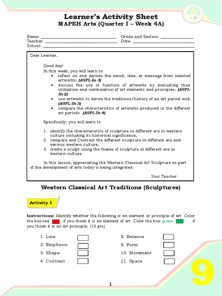 Learner's Activity Sheet: MAPEH Arts (Quarter I - Week 4A) | PDF | Sculpture | Relief
