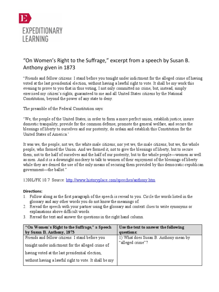 1.on Womens Right To The Suffrage Speech Excerpt Nti 0713 | PDF | Suffrage | Constitutional Law