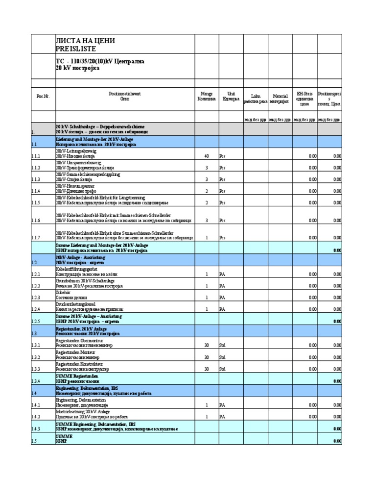 Prilog 1 Predmer20kV Kelii Cenovna Lista | PDF
