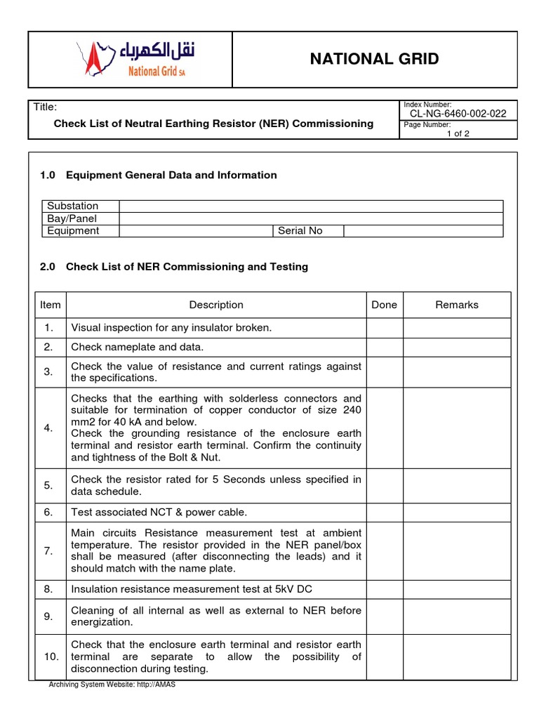 CL-NG-6460-002-022Checklist For NER Rev00 | PDF | Resistor | Electrical ... CL-NG-6460-002-022Checklist For NER Rev00 | PDF | Resistor | Electrical ...
