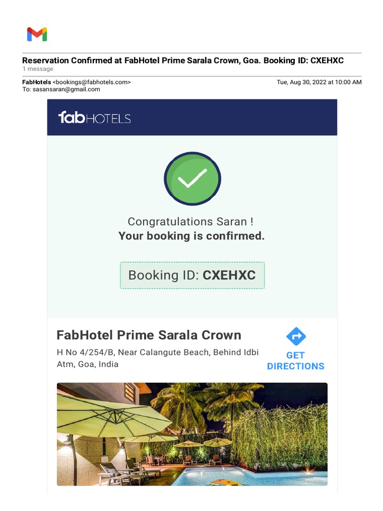 Gmail - Reservation Confirmed at FabHotel Prime Sarala Crown, Goa. Booking ID - CXEHXC | PDF ...