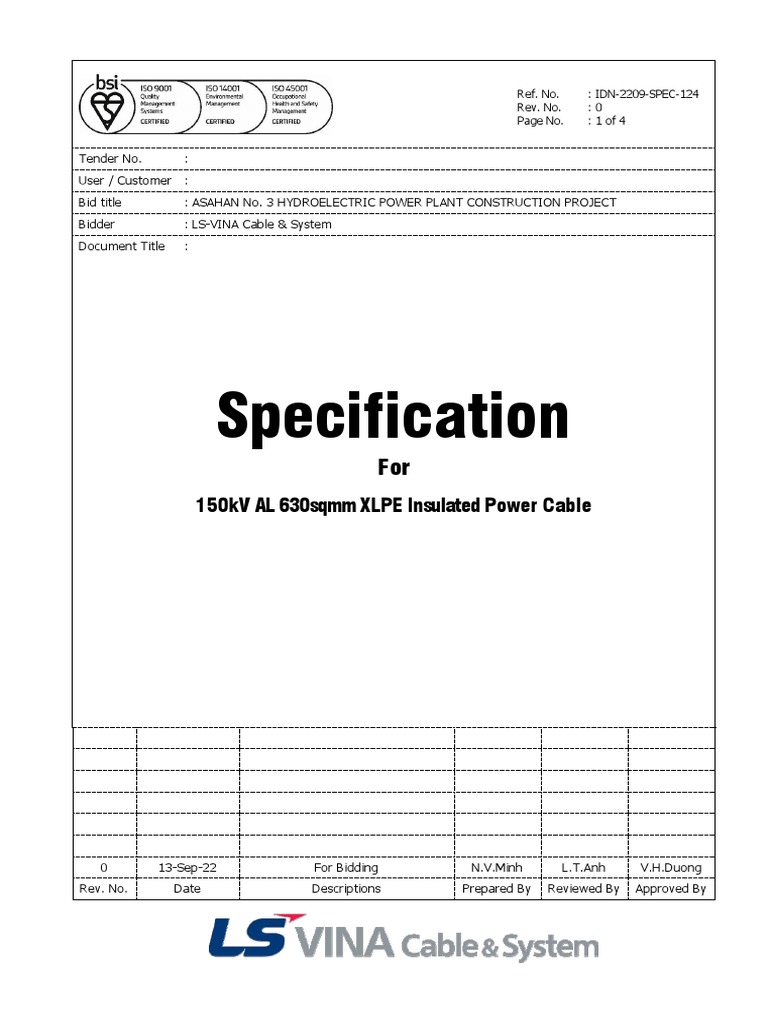 Specification for 150kV AL 630sqmm XLPE Insulated Power Cable | PDF ...