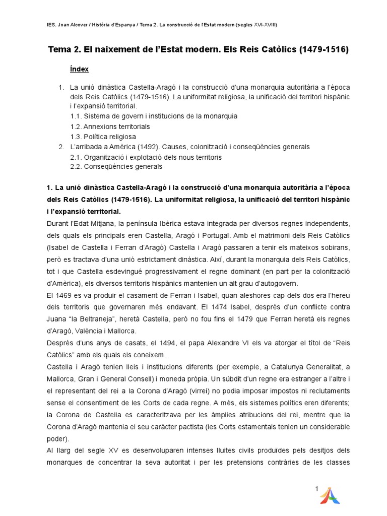 Apunts HE.T2. El Naixement de L'estat Modern. Els Reis Catòlics (1479-1516) | PDF