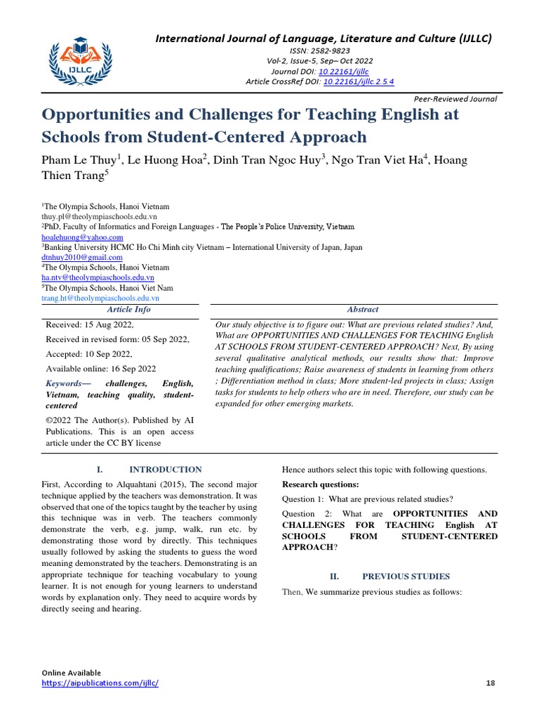 Opportunities and Challenges For Teaching English at Schools From Student-Centered Approach ...
