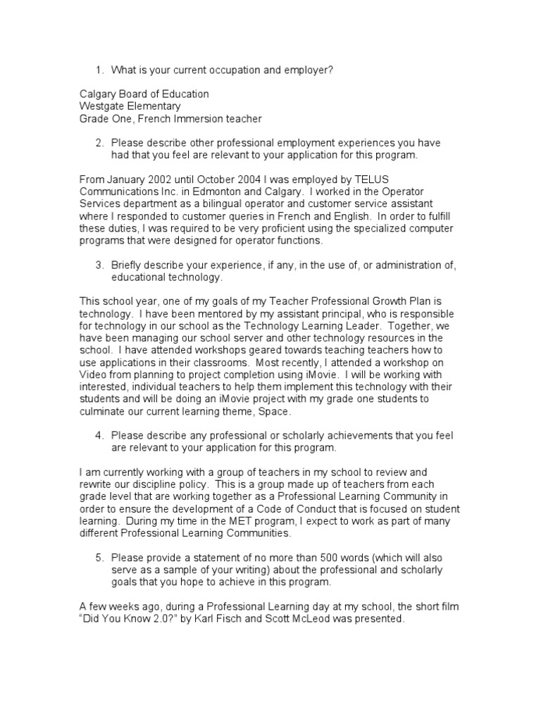 Application Essay To The UBC - MET Program | PDF | Teachers | Learning