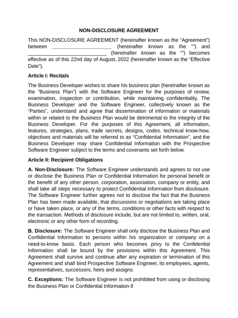 Non Disclosure Agreement Template | Download Free PDF | Non Disclosure ... Non Disclosure Agreement Template | Download Free PDF | Non Disclosure ...